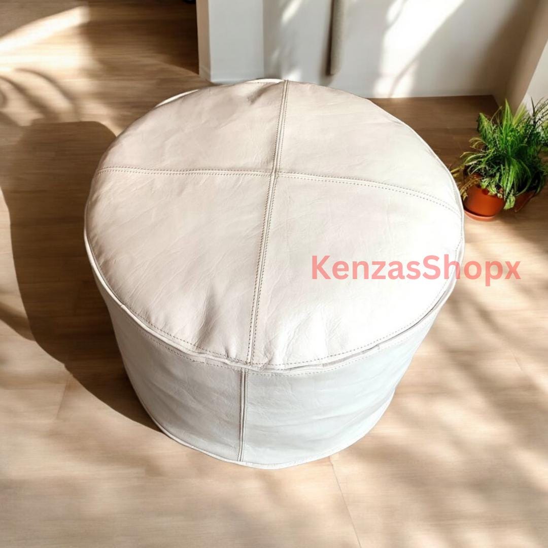 Round Leather Ottoman. White Moroccan Poufs.handmade Ottoman. Living Room Pouf. Pouffe. Moroccan ...