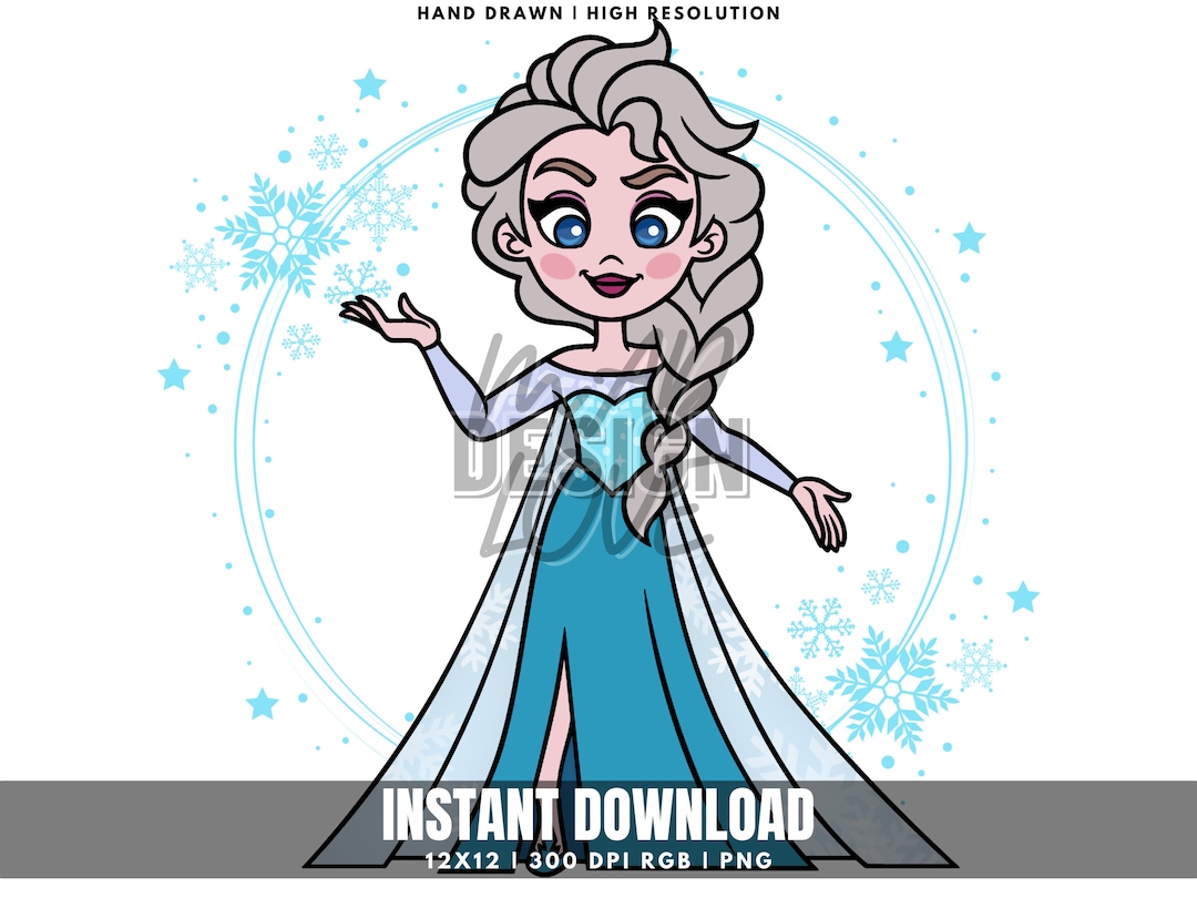 Hand Drawn Cute Elsa PNG Princess Frozen Snow Cartoon Sublimation ...
