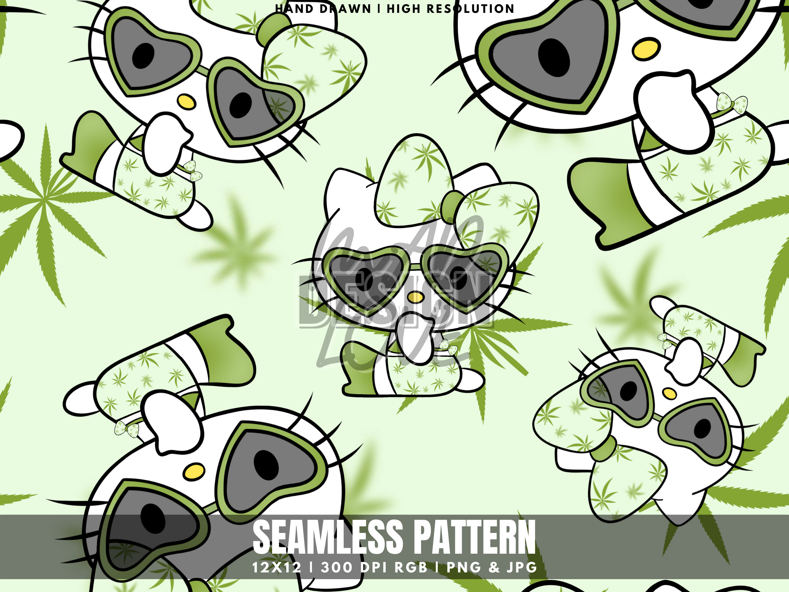 Hand Drawn Weed Kitty Cannabis PNG JPG Cartoon Kawaii Cute Cat 420 ...