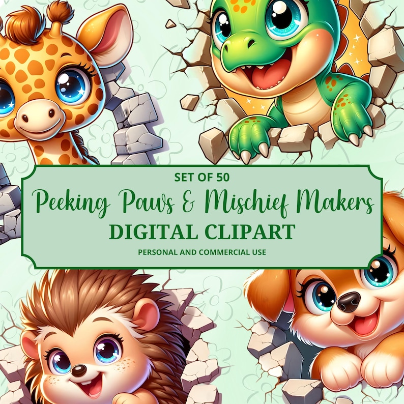 Cute Animal Clipart Peeking Thru Wall, Digital Clipart, Nursery Decor ...