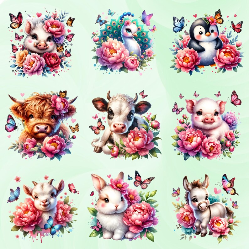Peony Animal Clipart, Nursery Illustration (digital Clipart) - Etsy
