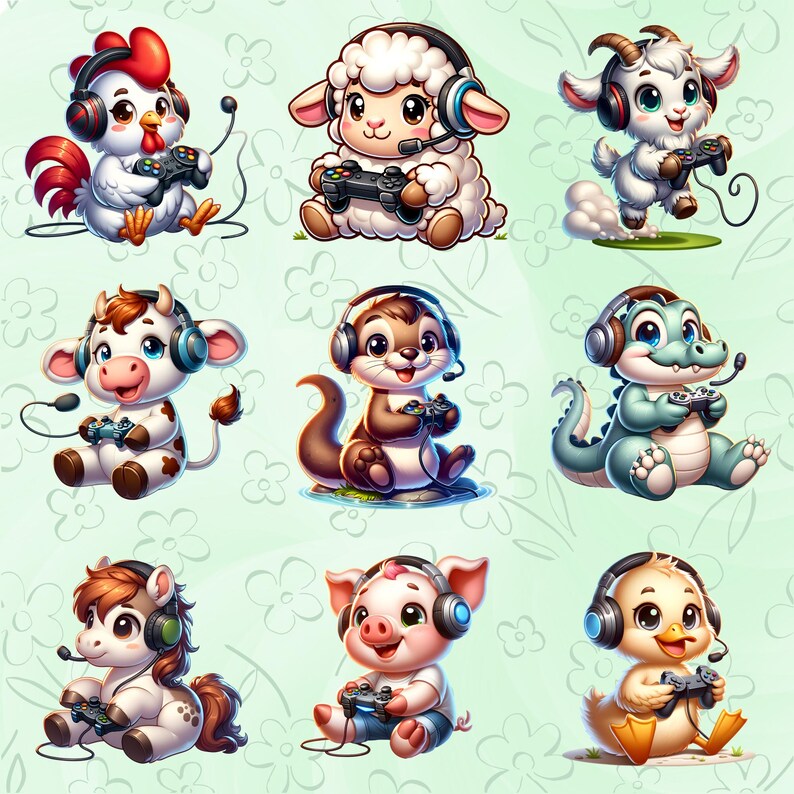 Cute Gamer Animal Clipart | Cartoon Creatures Playing Games | Digital ...