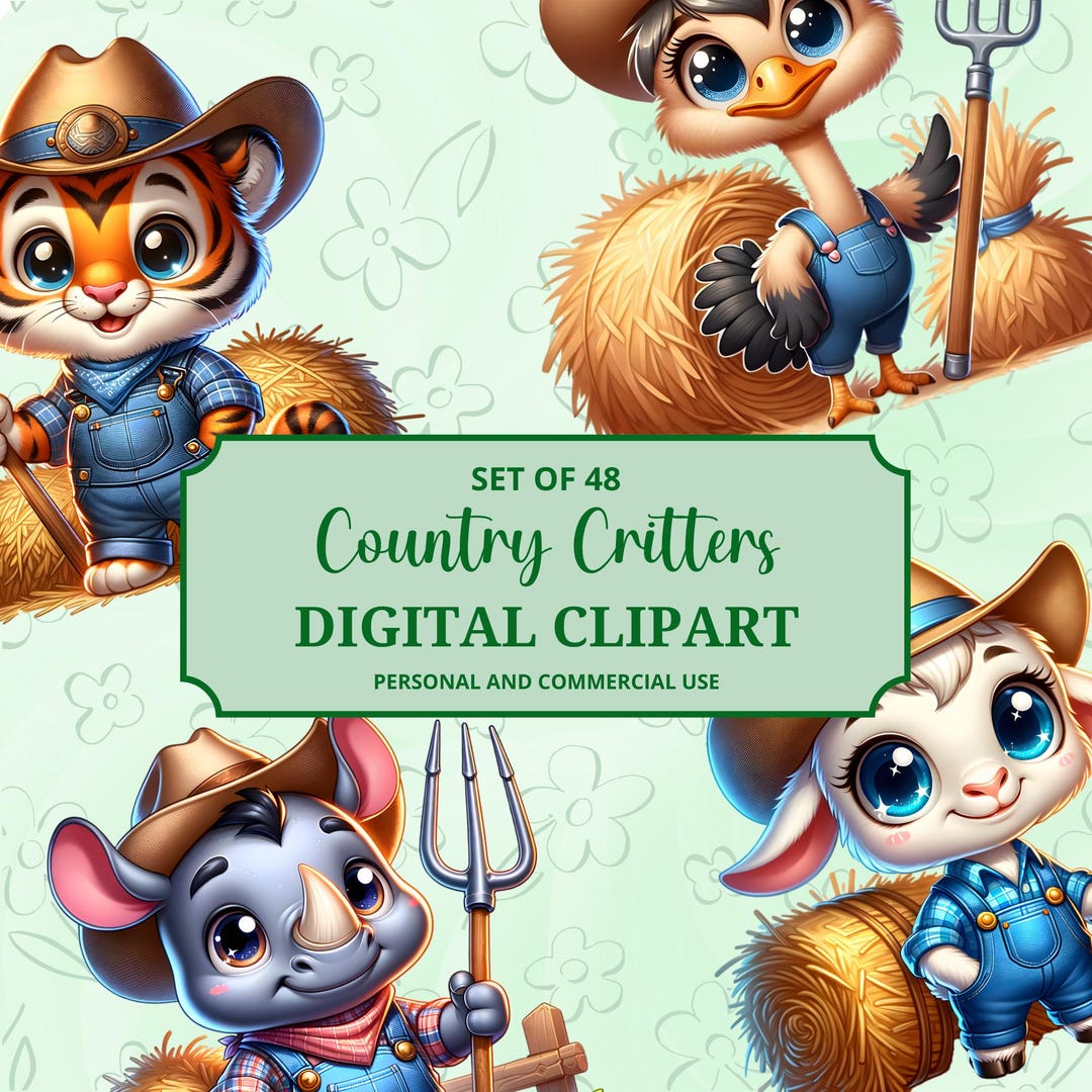 Country Animals Clipart Bundle, Watercolor Clip Art, Instant Download ...