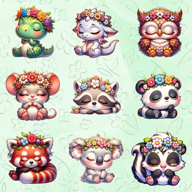 Flower Crown Animals Clipart: Woodland Nursery PNG Bundle (digital ...