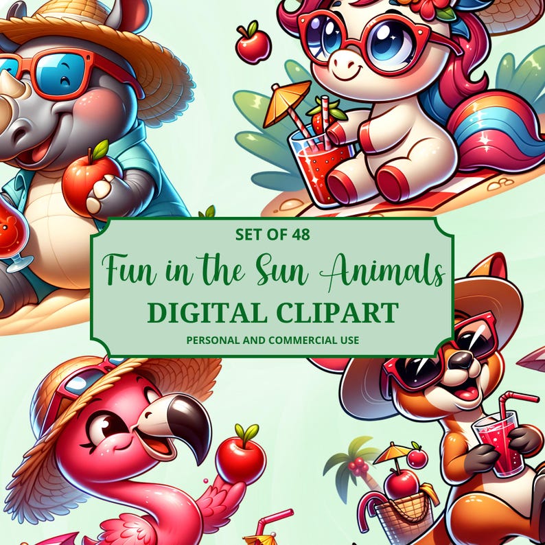 Watercolor Beach Animals Clipart: Summer Vacation Graphics (commercial ...