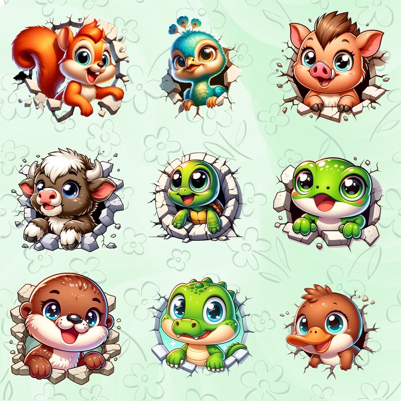 Cute Animal Clipart Peeking Thru Wall, Digital Clipart, Nursery Decor ...