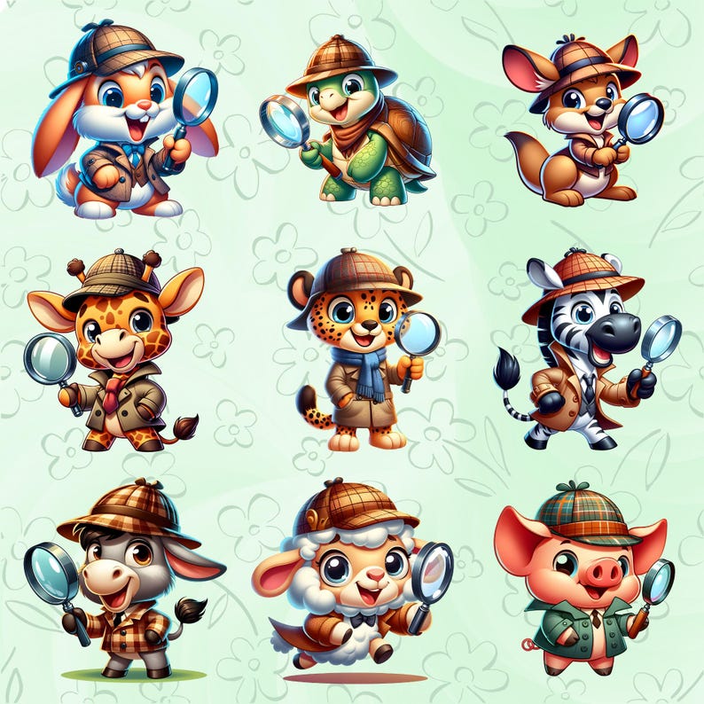 Detective Animals Digital Clipart, Watercolor Clip Art, Instant ...