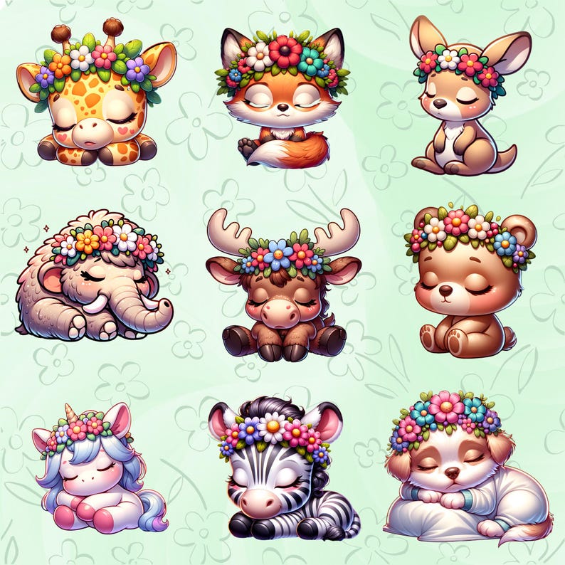 Flower Crown Animals Clipart: Woodland Nursery PNG Bundle (digital ...