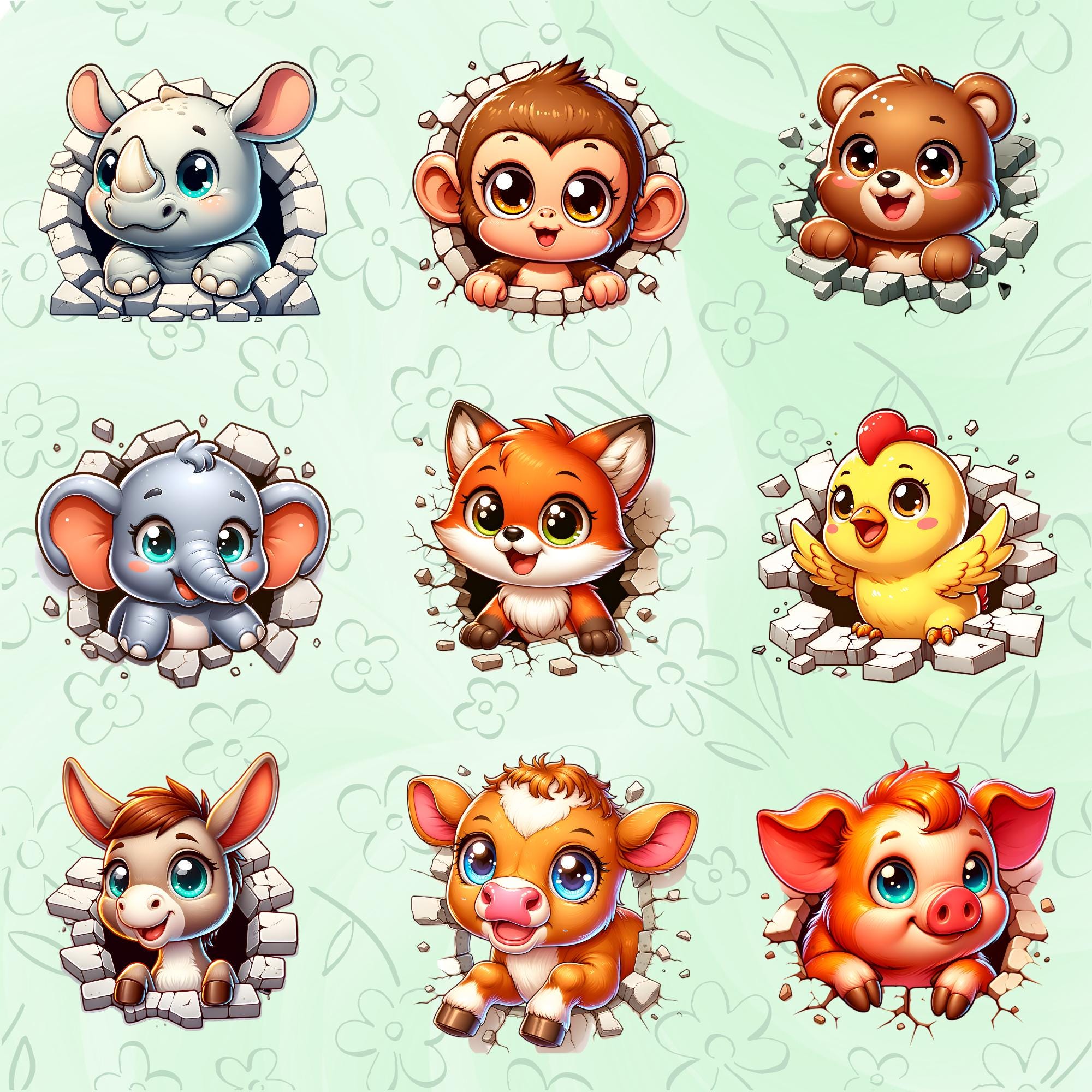 Animal Peeking Clipart: Nursery Decor, Printable Wall Art (digital ...