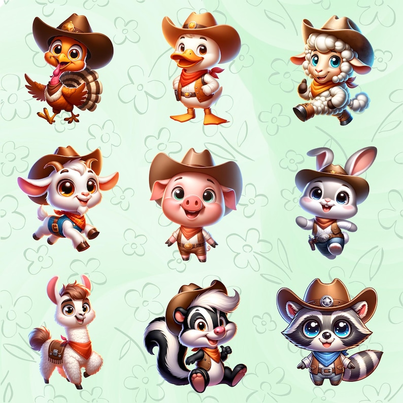 Cowboy Animal Clipart: Wild West Cartoon PNG Graphics (digital Download ...
