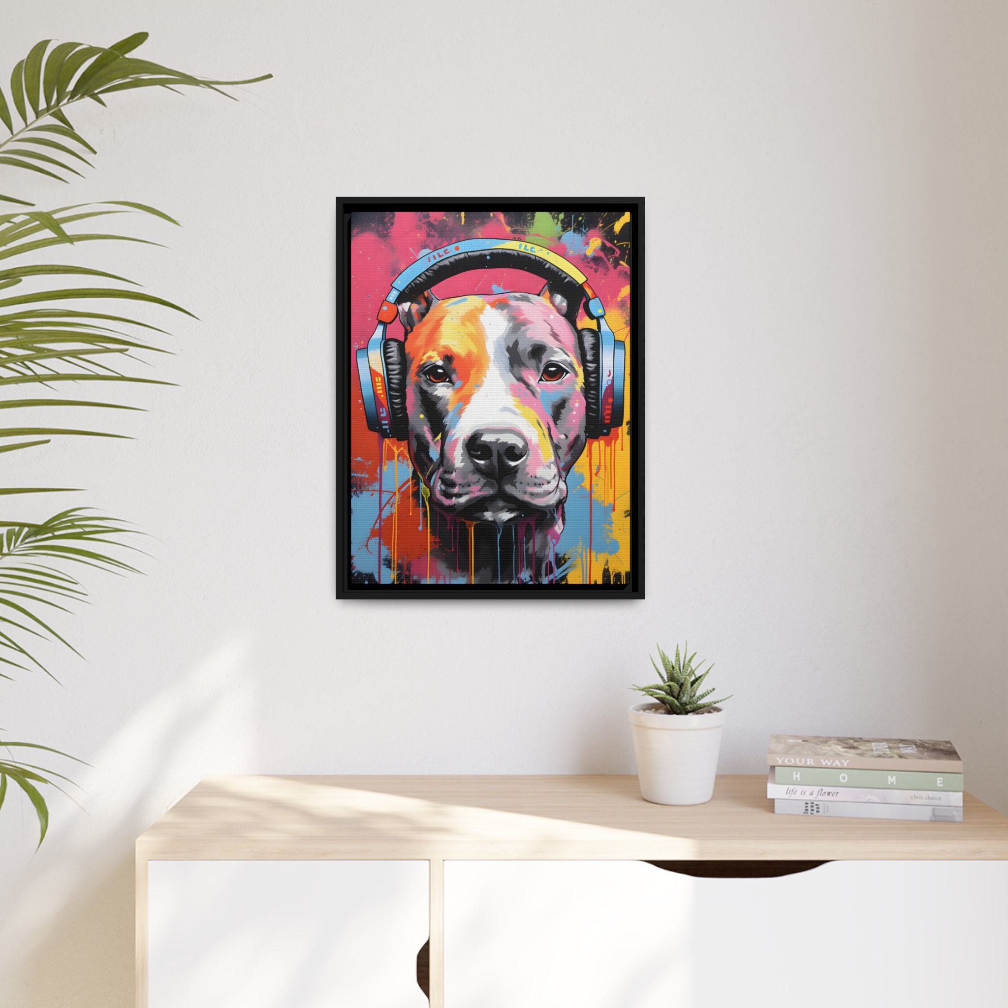 Pit Bull Wearing Headphones Street Art Canvas Print With Frame Gift for ...