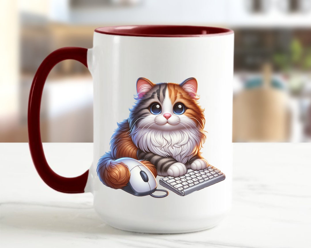 Cat Mom Mug: Kitten, Computer Keyboard & Mouse Design Ideal for Working ...