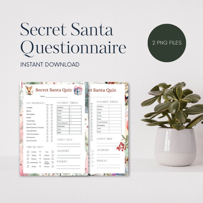 Secret Santa Questionnaire | Holiday Gift Exchange Form | Secret Santa ...