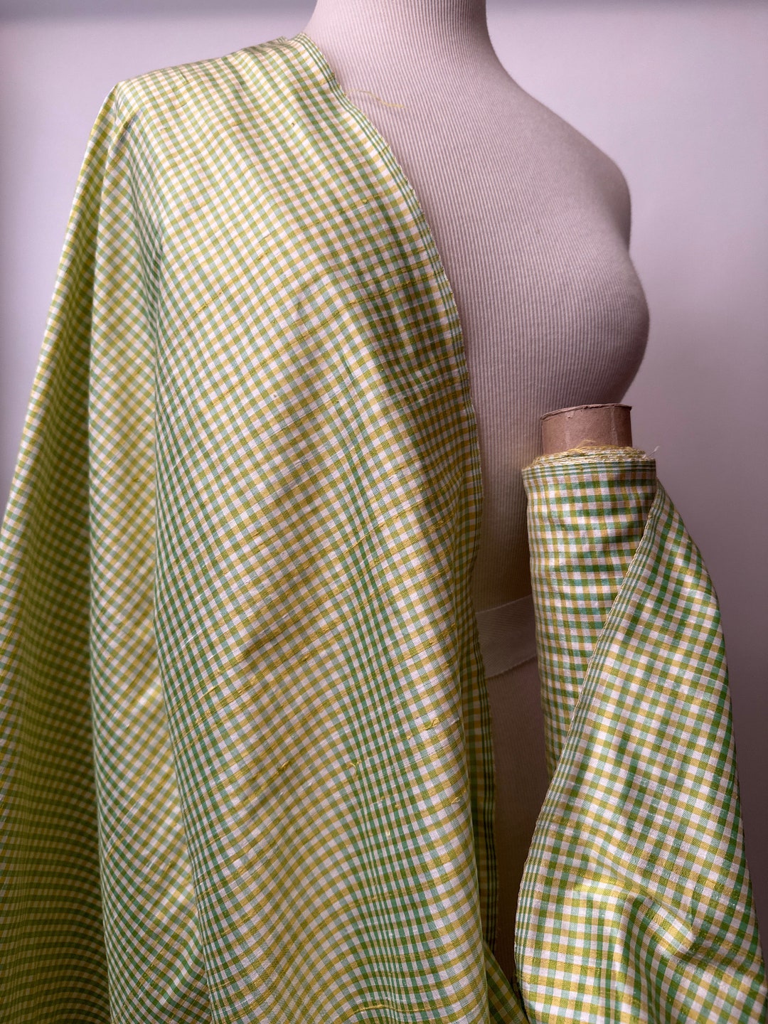 Silk Check Fabric, Fun Green and Yellow 43, Lightweight, Sold per Yard ...