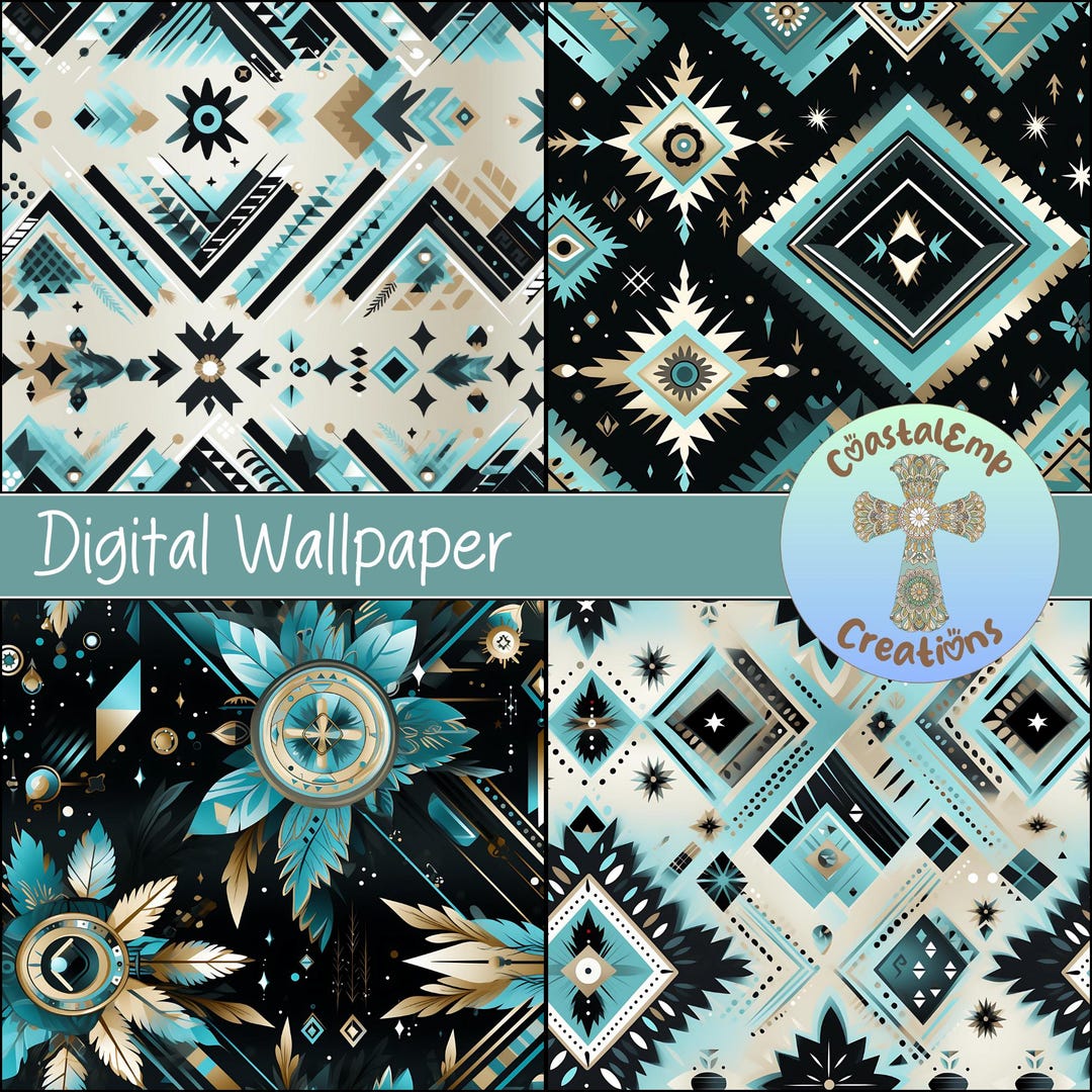 Blue Aztec Digital Wallpaper Bundle, Trendy Tribal Geometric Home Decor ...