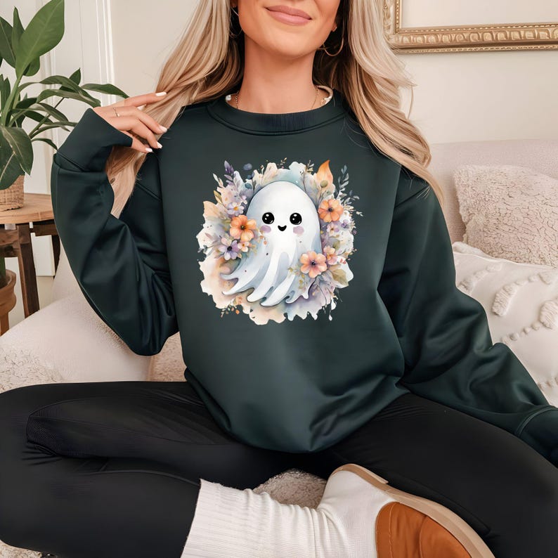 Boho Halloween Ghost PNG, Trendy Floral Spooky Clipart, DIY Digital ...