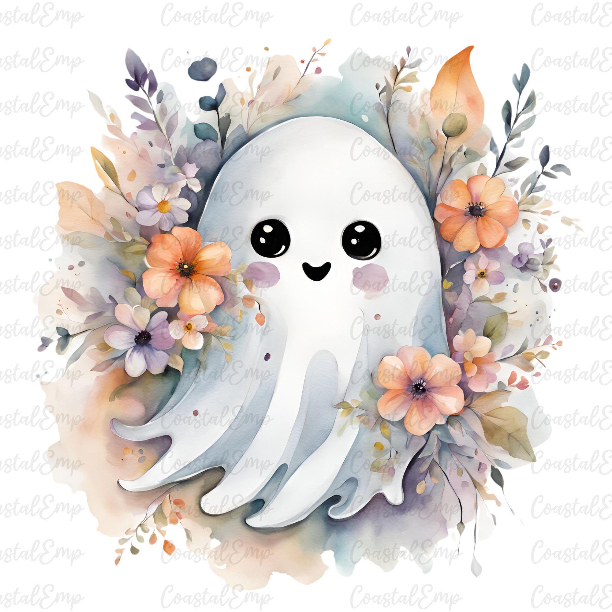 Boho Halloween Ghost PNG, Trendy Floral Spooky Clipart, DIY Digital ...