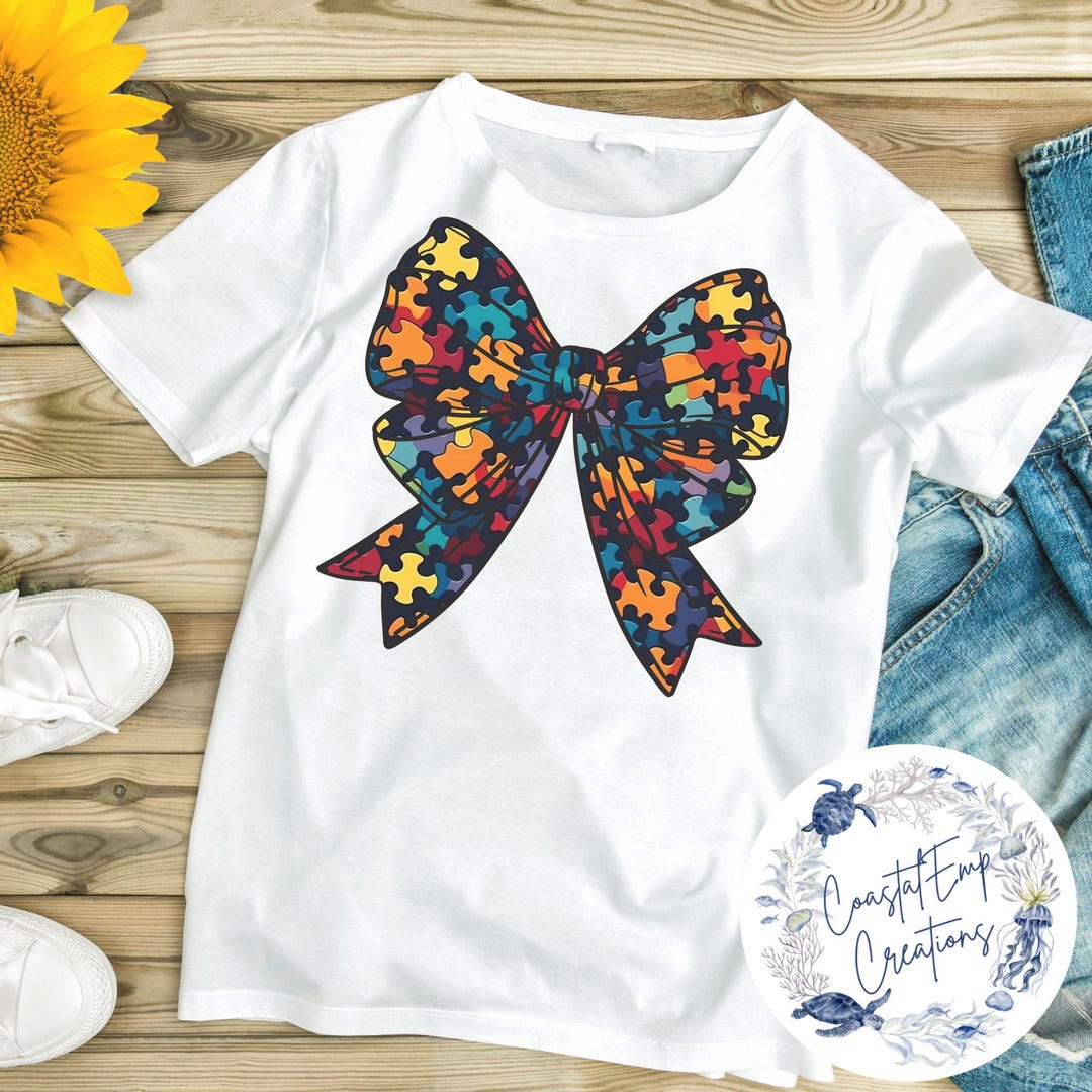 Autism Awareness Bow PNG, Puzzle Piece Ribbon Clipart, Trendy DTF ...
