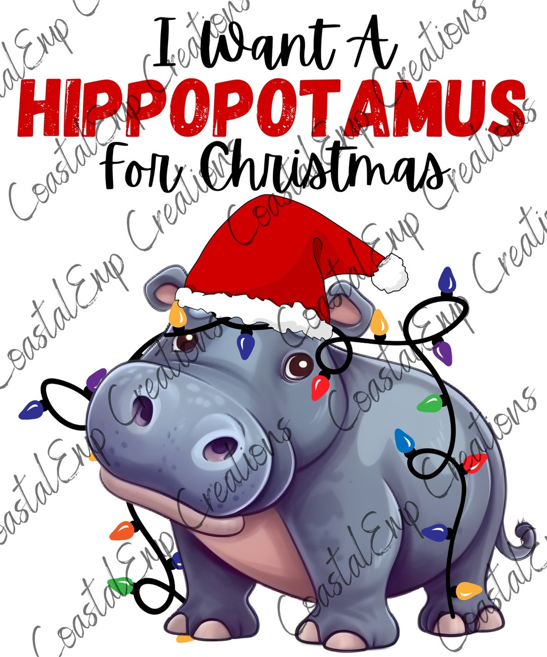 Christmas Hippo PNG, Cute Holiday Clipart With Santa Hat & Lights, I ...