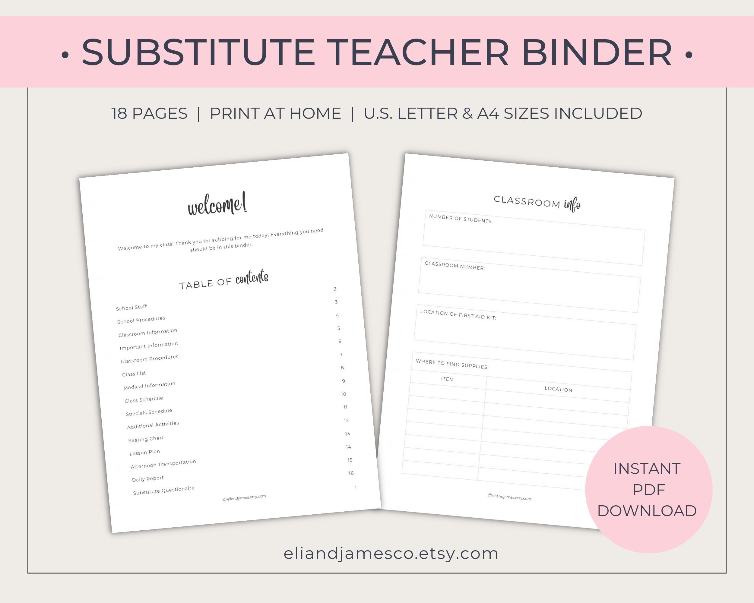 Printable Substitute Teacher Binder | Substitute Resource Binder ...