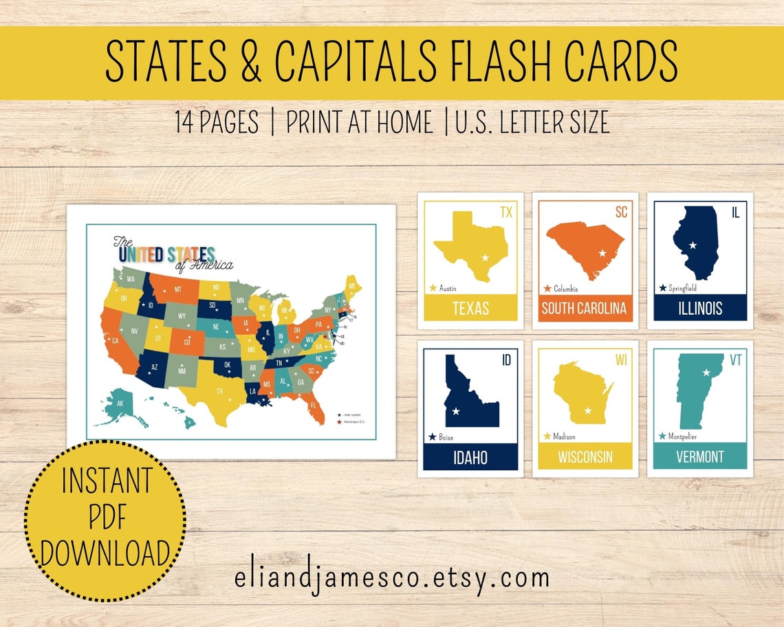 U.S. States and Capitals | Printable Flashcards | United States ...
