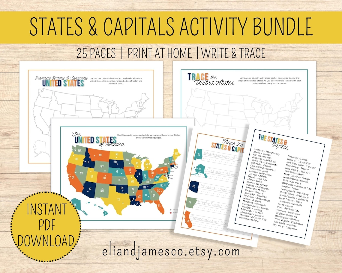States and Capitals Activity Bundle Printable United States Learning ...