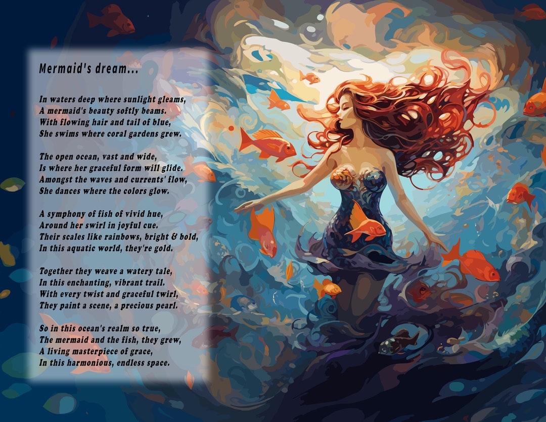 Mermaid Surrounded by Colorful Fish Image and Poem Wall Art Digital ...