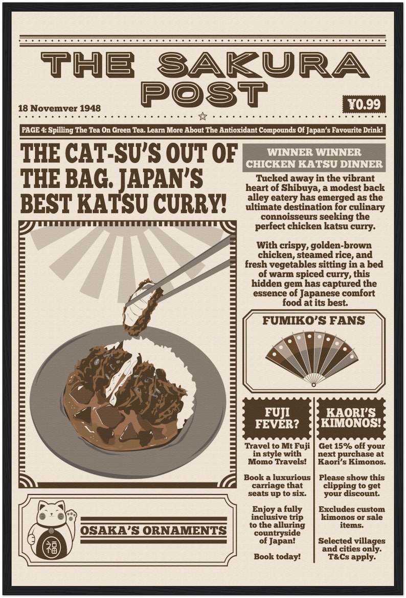 Katsu Curry Food Poster Japanese Print Newspaper Food Wall Art Chicken ...