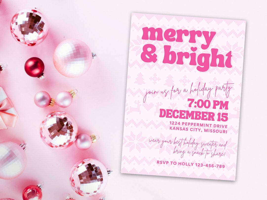 Holiday Party Invitation Template, Merry & Bright Pink Christmas ...