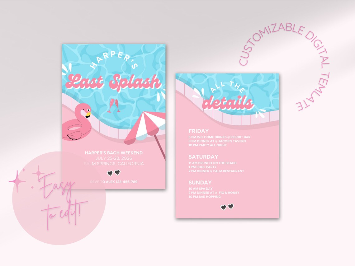 Last Splash Bachelorette Party Invitation and Itinerary Template ...