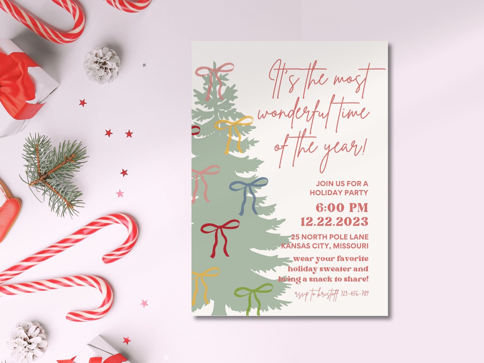 Trendy Christmas Party Invitation Template: Tree With Bows (digital ...