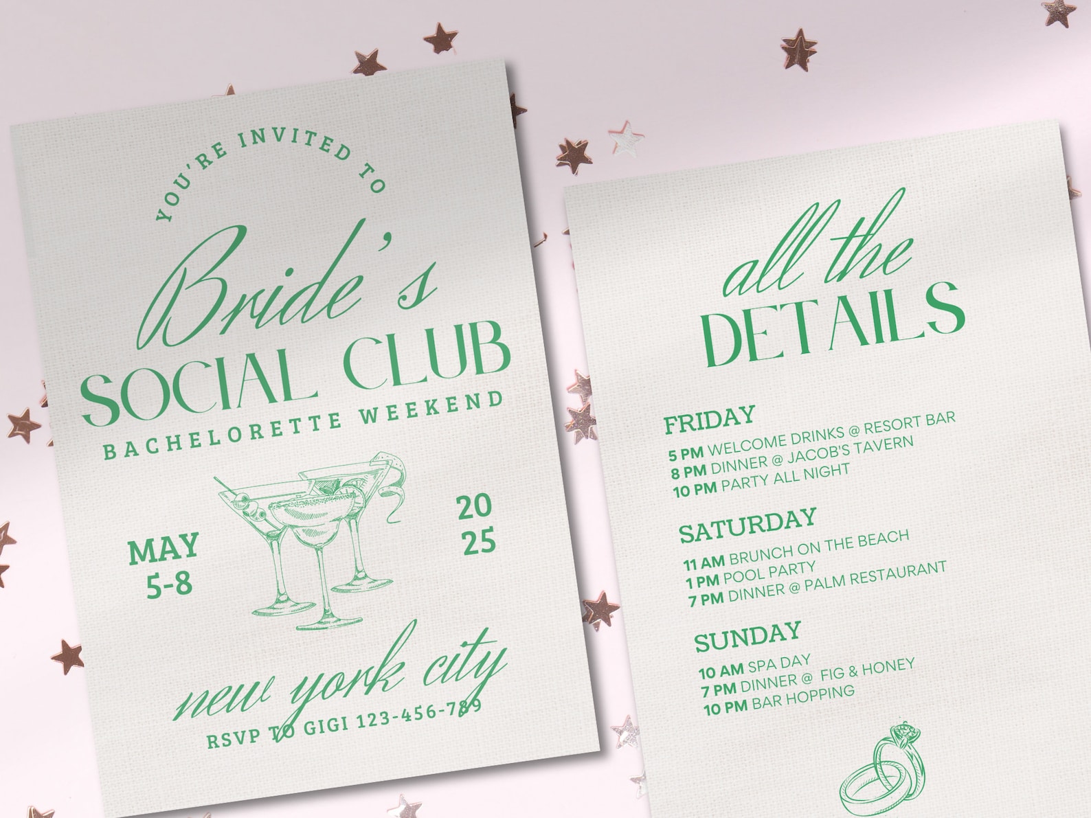 Bride’s Social Club, Green Bachelorette Party Invitation & Itinerary ...