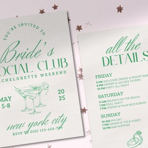 Bride’s Social Club, Green Bachelorette Party Invitation & Itinerary ...