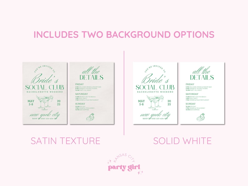 Bride’s Social Club, Green Bachelorette Party Invitation & Itinerary ...
