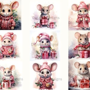 Pink Christmas Mouse Clipart , Mice Holding Gift Clipart, Mouse Wearing ...