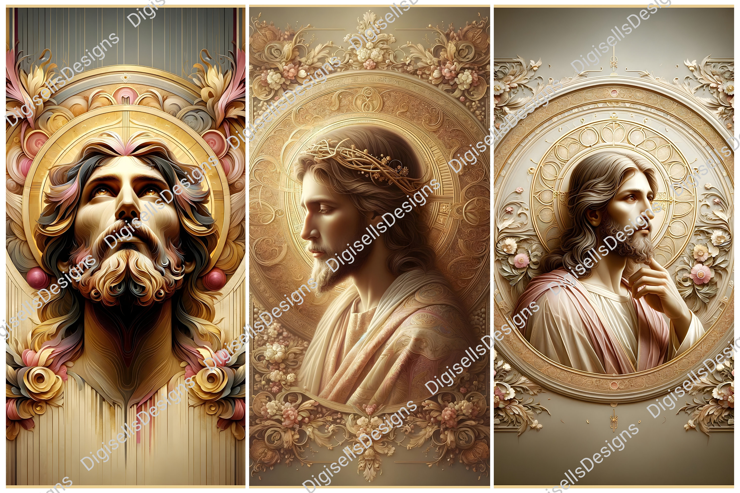 Digital Jesus Holy Card , Prayer Card in Golden Pink Theme, Set of 9 ...