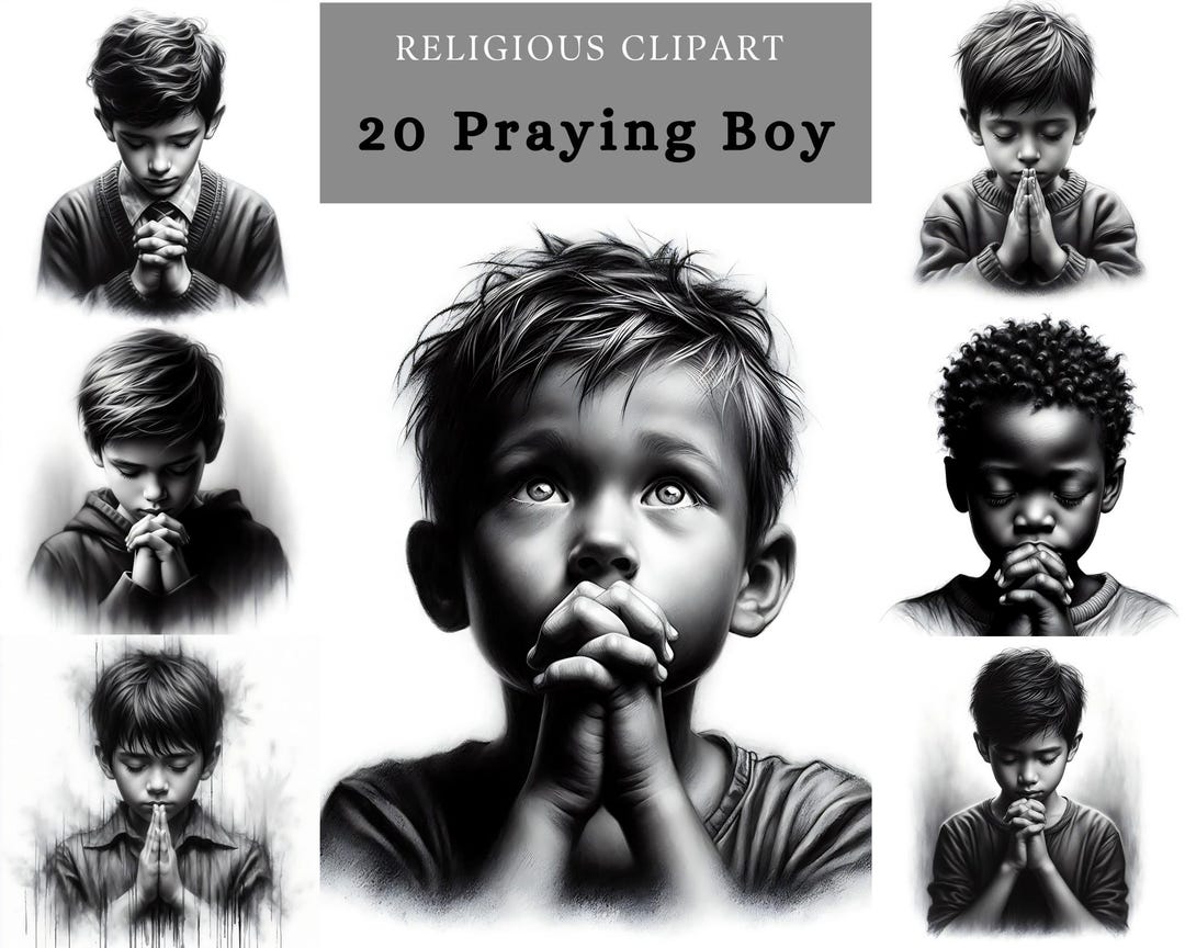 Boy Praying Clipart, Black and White Potraits of Praying Young Boys ...