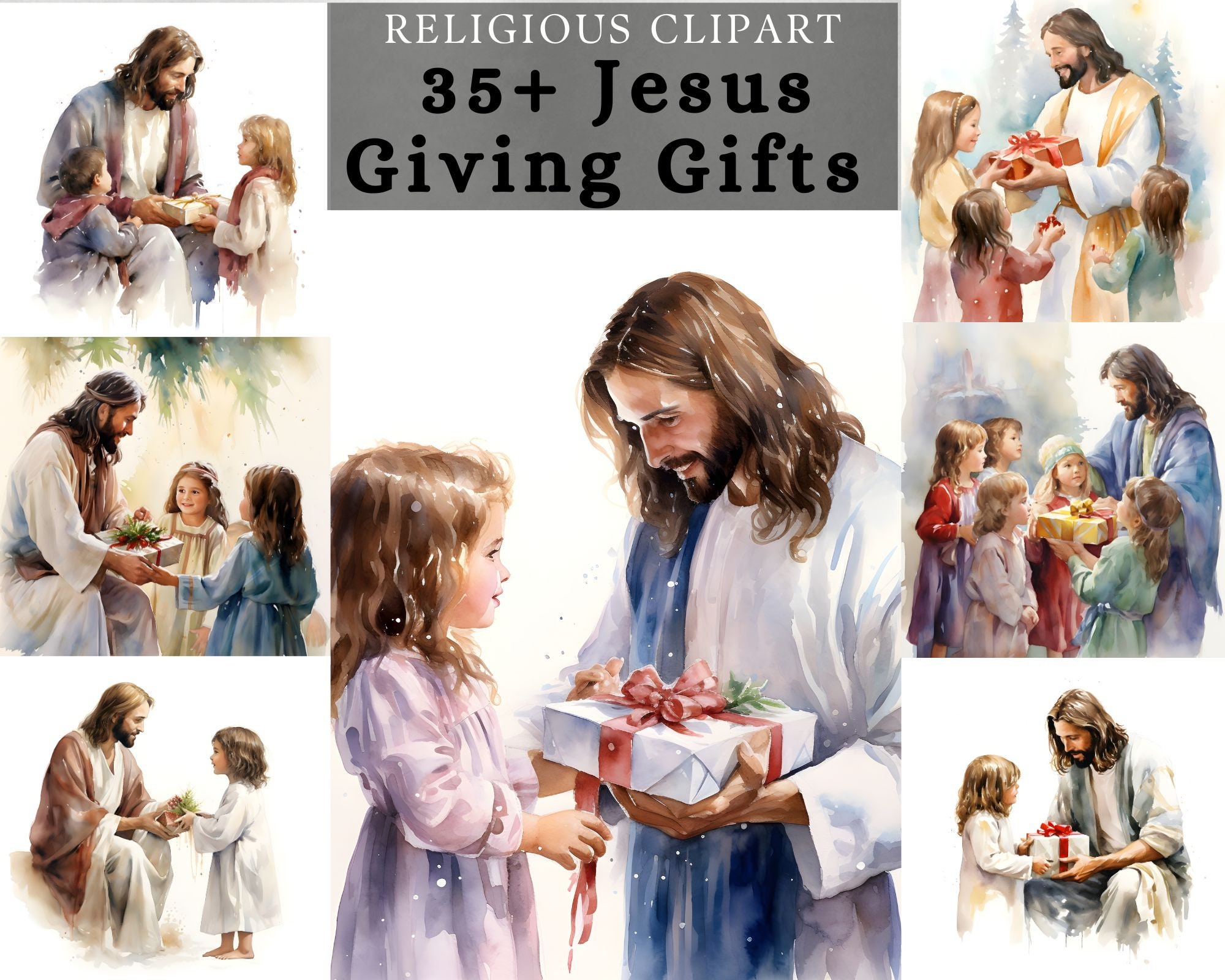 Jesus Giving Gifts to Kid Clipart , Watercolor Christian Christmas ...