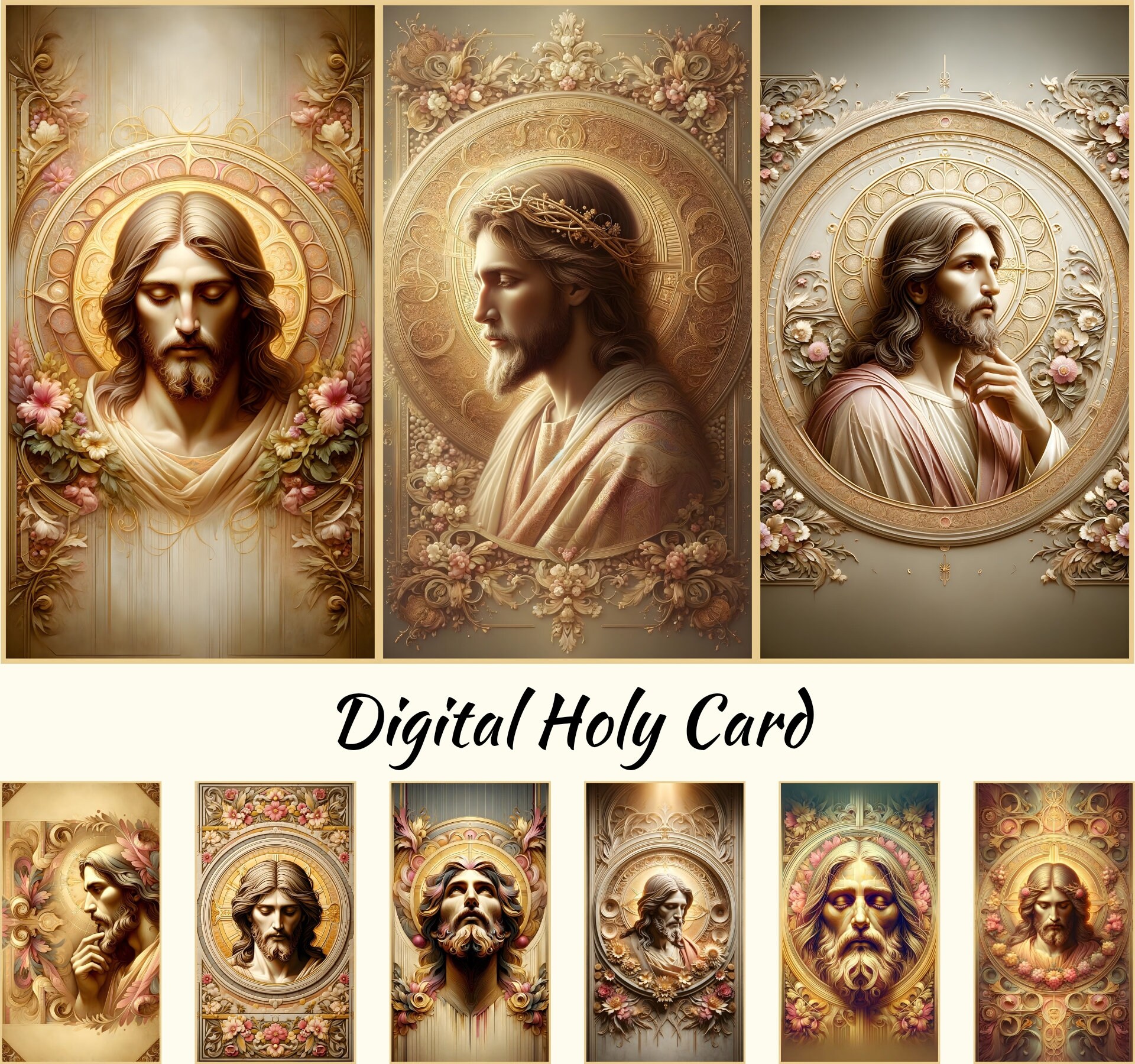 Digital Jesus Holy Card , Prayer Card in Golden Pink Theme, Set of 9 ...