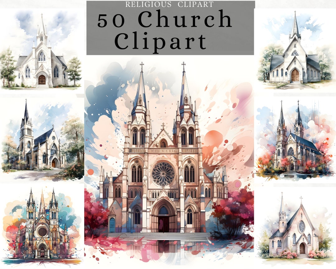 Colorful Church Design Clipart, Watercolored Print for Comercial Use ...