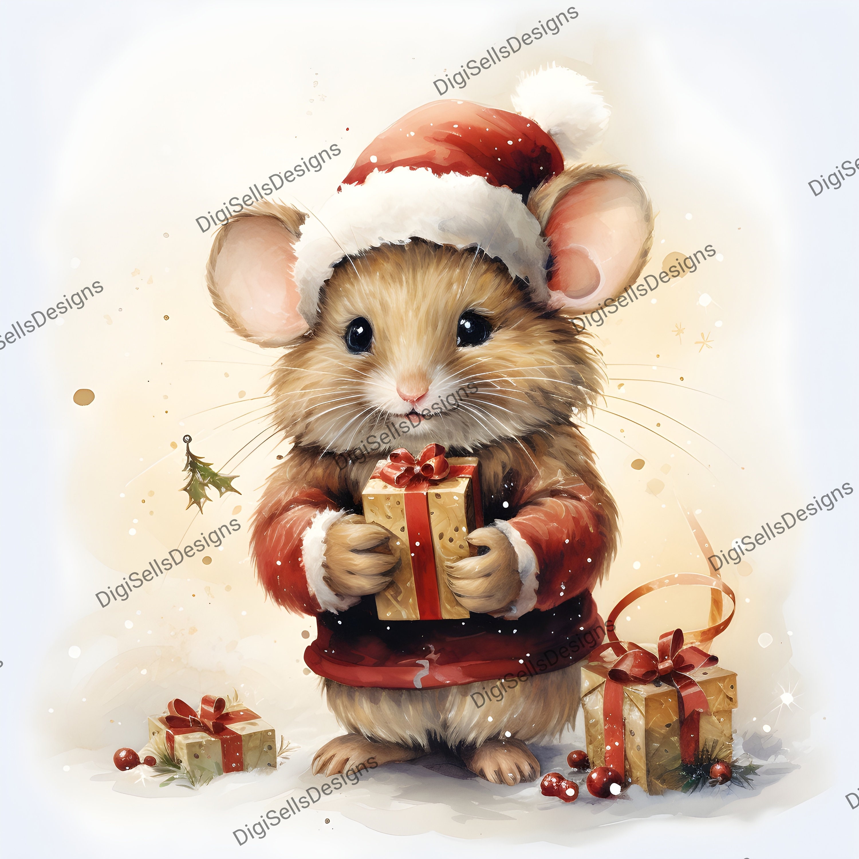 Watercolored Mouse Holding Christmas Gift Clipart Mouse - Etsy
