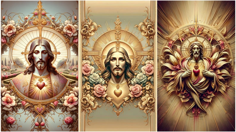 Sacred Heart of Jesus Holy Card, Jesus Prayer Card in Golden Pink Theme ...