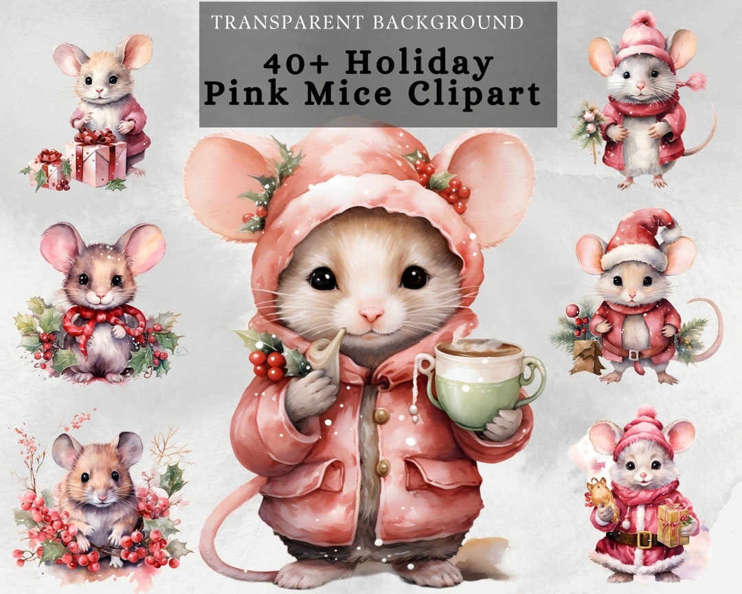 Pink Christmas Mouse Clipart , Mice Holding Gift Clipart, Mouse Wearing ...