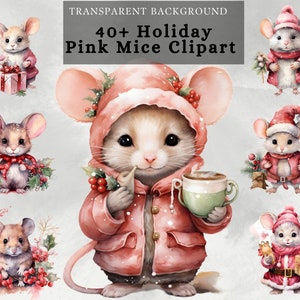 Pink Christmas Mouse Clipart , Mice Holding Gift Clipart, Mouse Wearing ...