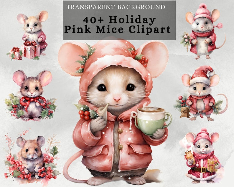 Pink Christmas Mouse Clipart , Mice Holding Gift Clipart, Mouse Wearing ...