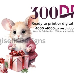 Pink Christmas Mouse Clipart , Mice Holding Gift Clipart, Mouse Wearing ...