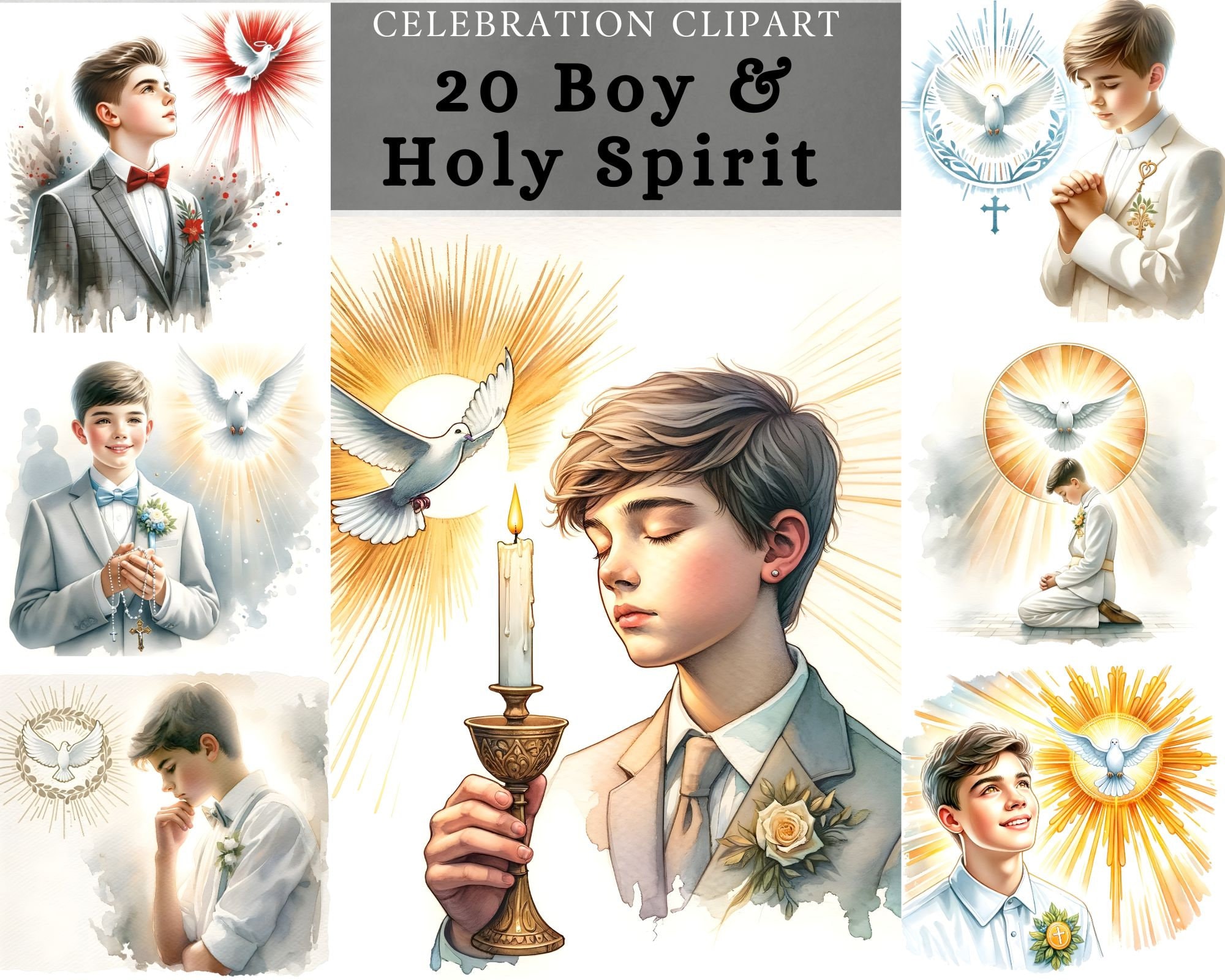 First Communion Boy Clipart , Boy and the Holy Spirit, Watercolor ...