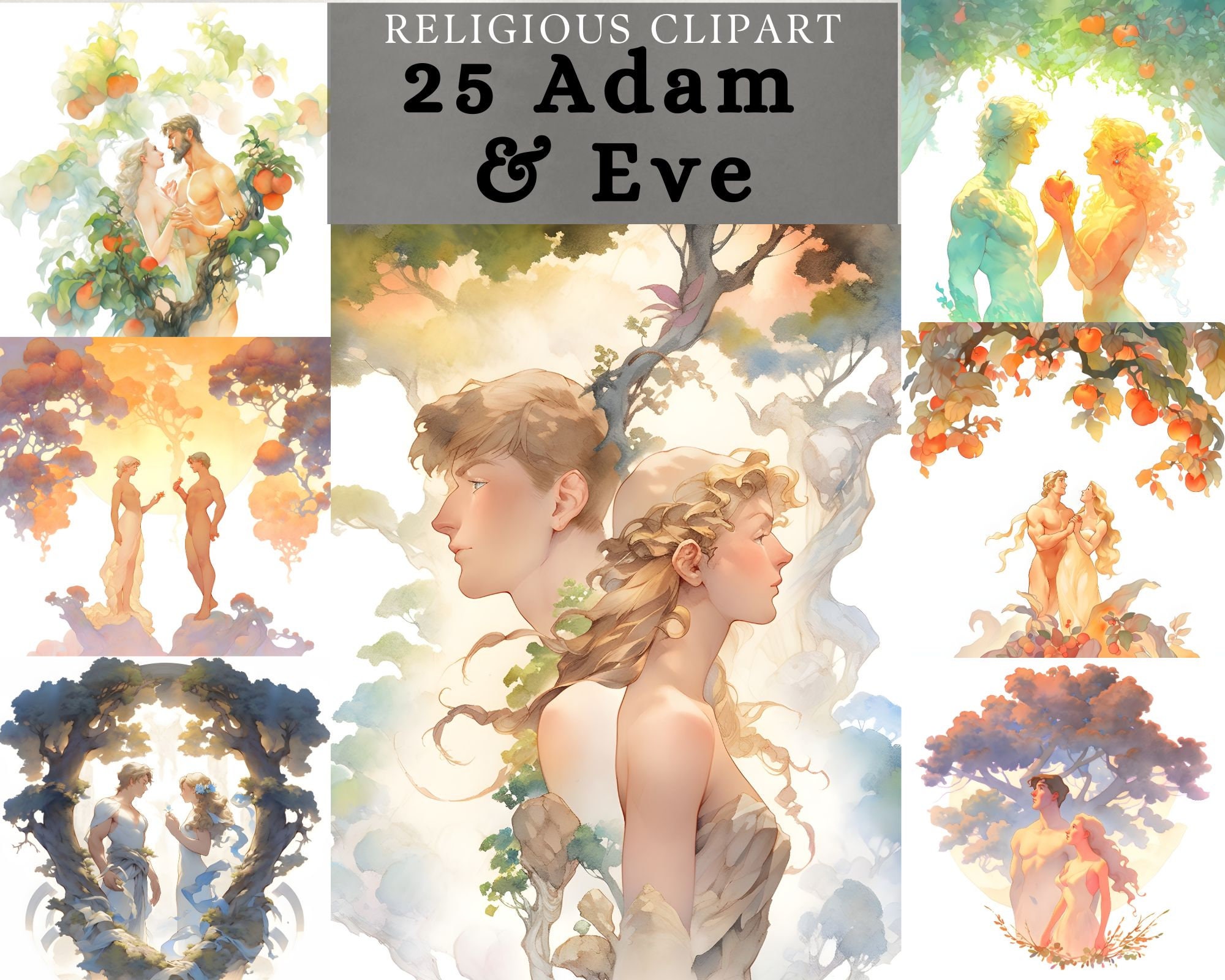 Adam and Eve Clipart , Garden of Eden, Watercolor Bibilcal Story , Book ...