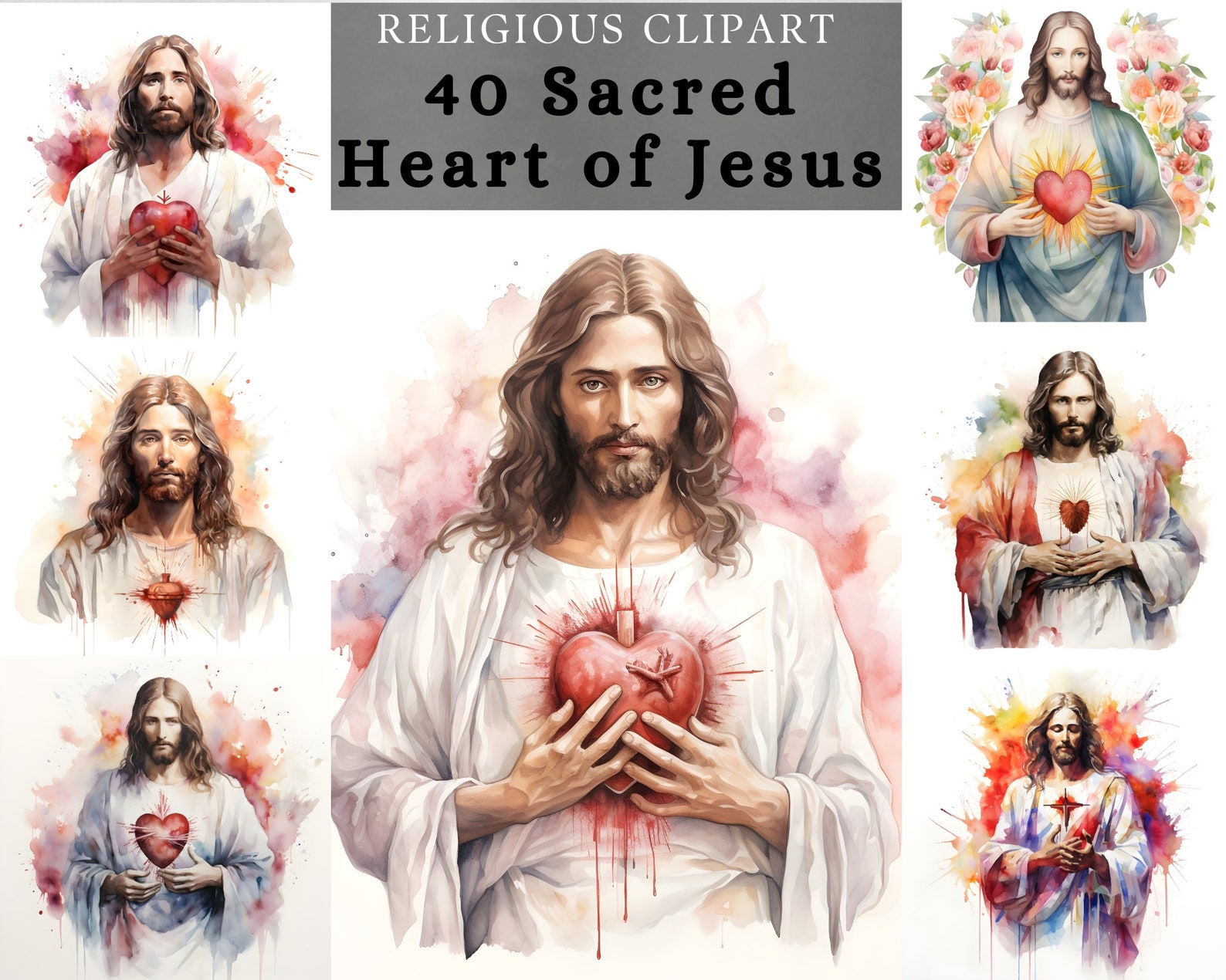 Sacred Heart of Jesus Clipart , Watercolor Jesus's Heart Clipart Design ...