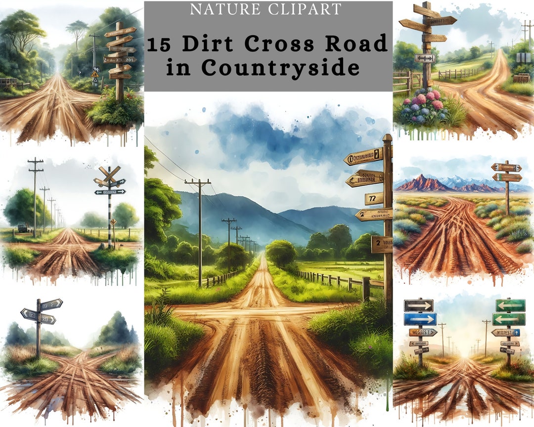 Cross Road Clipart, Dirt Road , Road With Direction Sign in Countryside ...